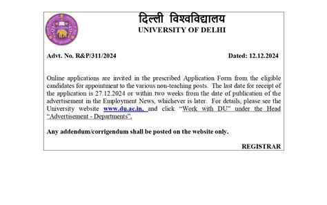 Du Non Teaching Recruitment 2024 Notification Apply Online For Delhi