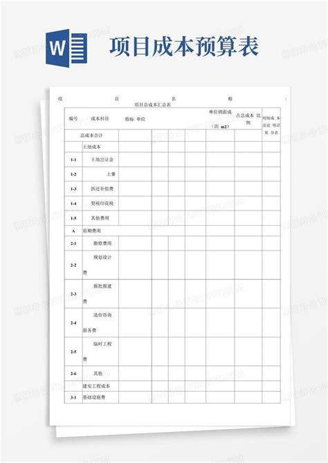 房地产项目成本预算表总表与分表word模板下载编号lggrmoyk熊猫办公