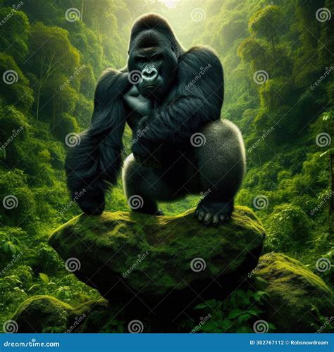 Majestic Silverback Gorilla Stand Strong On Rock Outcrop In Forest