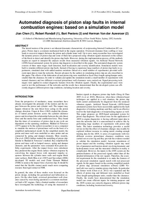 Pdf Automated Diagnosis Of Piston Slap Faults In Internal Combustion Engines Based On A