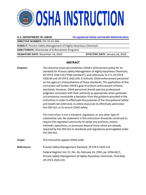 Osha New Psm Directive Pdf Occupational Safety And Health Administration Hydrochloric Acid
