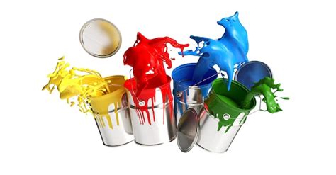 Premium Photo Four Paint Cans Splashing Different Bright Colors Isolated On White Background