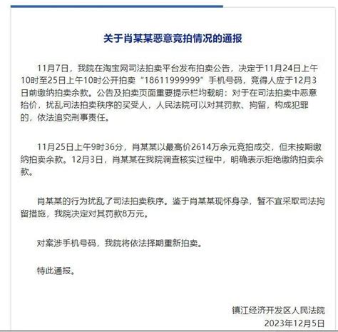 女子2614万恶意竞拍“999999”手机号，被罚款8万！拍卖肖某某经济开发区