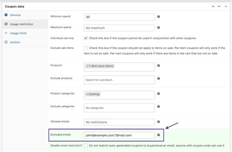 how to exclude emails from applying a coupon in woocommerce