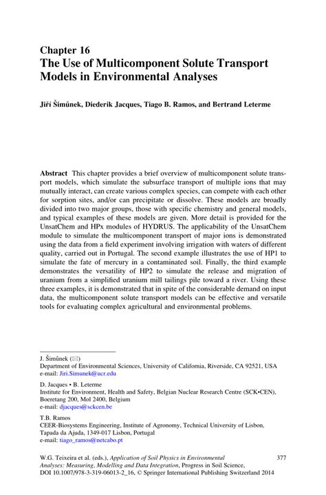 Pdf The Use Of Multicomponent Solute Transport Models In Environmental Analyses