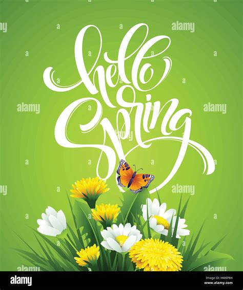 Inscription Hello Spring Hand Lettering On Background With Flowers
