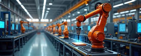 Smart Industry Robot Arm Operates In Digital Factory Iot Software Manages Automation
