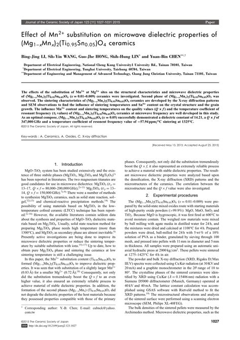 Pdf Effect Of Mn2 Substitution On Microwave Dielectric Properties Of Mg1−xmnx 2 Ti0 95sn0 05