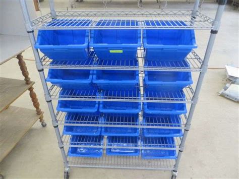 Rolling Rack W Plastic Bins 56x36x14 Lambrecht Auction Inc