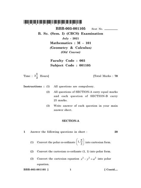 Bsc Sem 1 Old July 2021 Mathematics Paper 1 Pdf