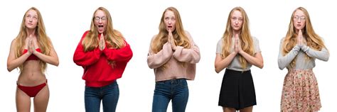 젊은 금발 소녀 흰색 절연 배경에 구걸 하 고 손으로 얼굴 매우 감정적이 고 걱정에 희망 식 함께 기도 콜라주 용 서에 대 한 요구 종교 개념입니다 감정에 대한 스톡 사진