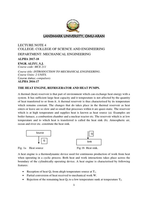 Mce 211 Lecture Note 4 The Heat Engine Pdf Heat Second Law Of Thermodynamics