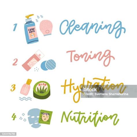 얼굴 트리트먼트를 위한 화장품 4단계스킨케어 청소 토닝 수분 공급 영양 글자를 곁들인 벡터 핸드 그린 플랫 일러스트레이션 비누에 대한 스톡 벡터 아트 및 기타 이미지