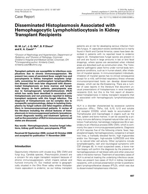 Pdf Disseminated Histoplasmosis Associated With Hemophagocytic