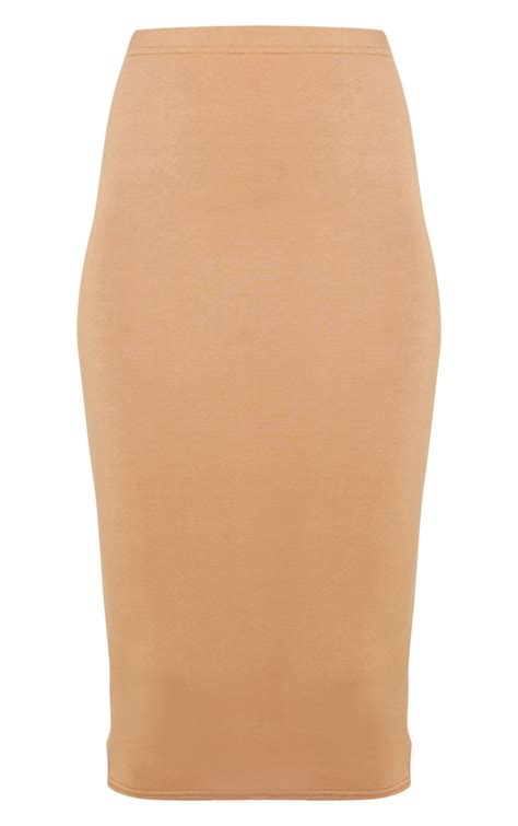 Basic Camel Midi Skirt Prettylittlething Usa