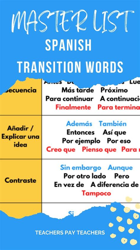 Spanish Transition Words Palabras De Transición Worksheet And Poster In