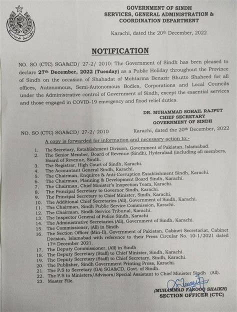 Sindh Announces Public Holiday On 26 And 27 December 2022 Incpak