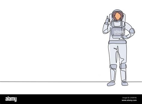 Single Continuous Line Drawing Female Astronaut Stands With Thumbs Up Gesture Wearing Space Suit