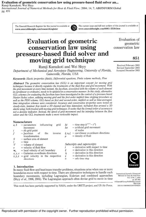 Pdf Evaluation Of Geometric Conservation Law Using Pressure Based Fluid Solver And Moving Grid
