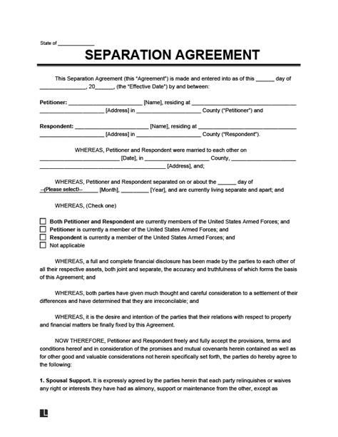 Word Printable Separation Agreement Template Printable Templates