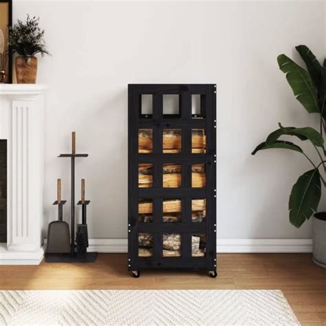 Drfeify Porte bûches avec roulettes noir 40x49x110 cm bois massif pin