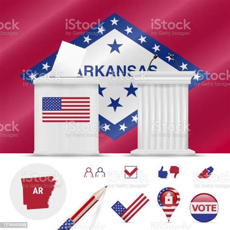 아칸소 대통령 선거 벡터 플래그 투표함 연사의 연단 지도 및 투표 아이콘 세트 3차원 형태에 대한 스톡 벡터 아트 및 기타 이미지 3차원 형태 Political