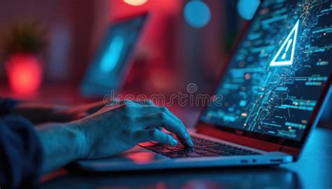 Programmer Uses Laptop Alert Sign Virus Detection Concept Coding Data Security Cyberattack