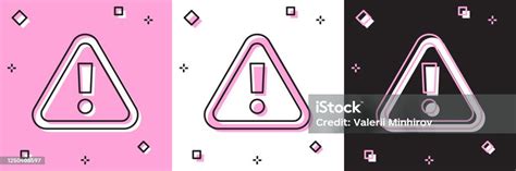분홍색과 흰색 검은 색 배경에 격리 된 삼각형 아이콘에 느낌표 설정 위험 경고 표지판 주의 주의 위험 경고 표지판 벡터 가리키기에 대한 스톡 벡터 아트 및 기타 이미지
