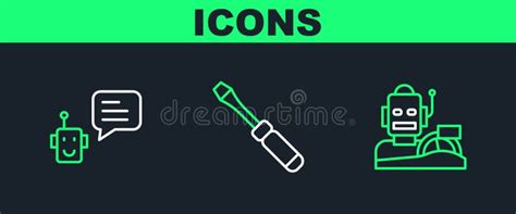 Set Line Robot Humanoid Driving A Car And Screwdriver Icon Vector