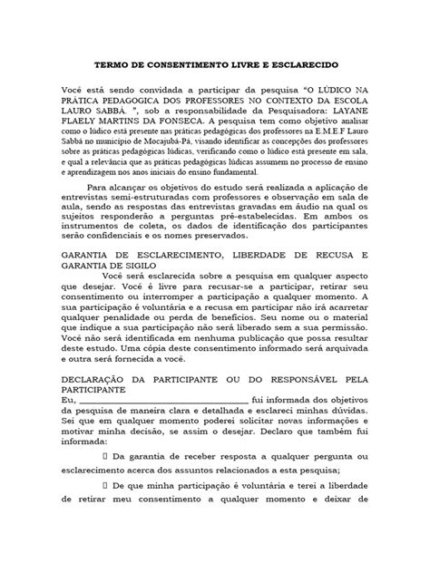 Termo De Consentimento Livre E Esclarecido Pdf Pedagogia