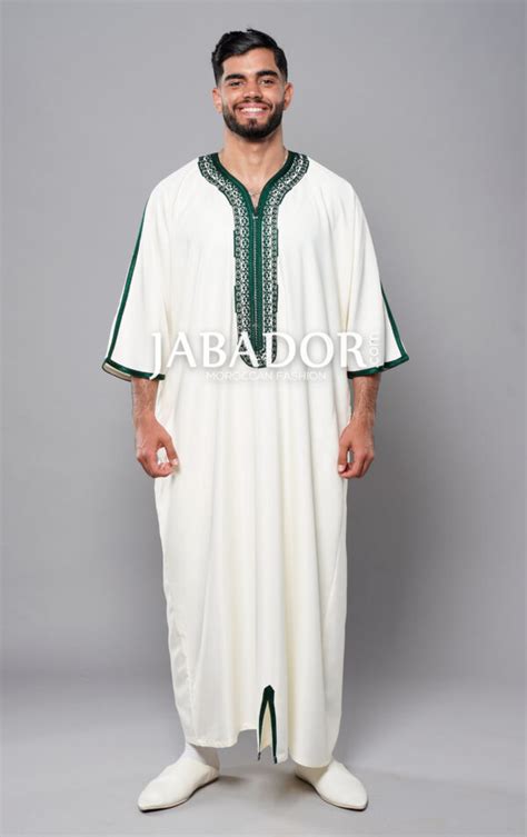 White Moroccan Thobe With Green Embroidery By