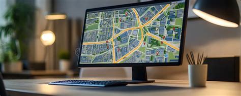 Computer Screen Showing GPS Navigation Map With Red Pins In Modern