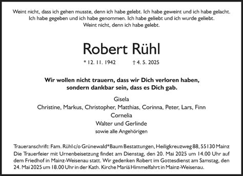 Traueranzeigen Von Robert Rühl Vrm Trauer De