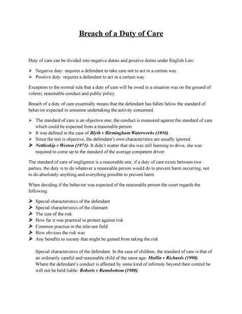Breach Of A Duty Of Care Positive Duty Requires A Defendant To Act