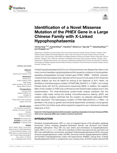 Pdf Identification Of A Novel Missense Mutation Of The Phex Gene In A