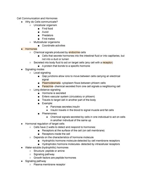 Cell Communication Lecture Notes Cell Communication And Hormones