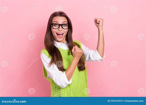 Photo Of Overjoyed Astonished Glad Lady Wear Stylish Clothes Raise