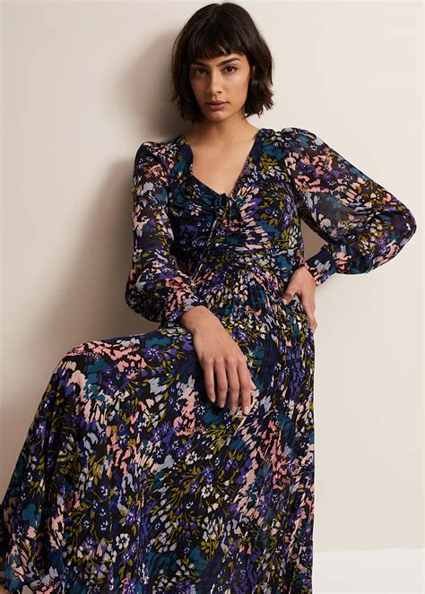 Navy Multicoloured Tie Front Floral Pleated Midi Dress Phase Eight