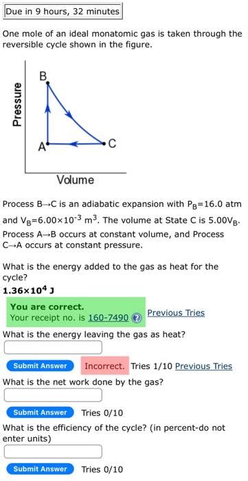 Solved One Mole Of An Ideal Monatomic Gas Is Taken Through