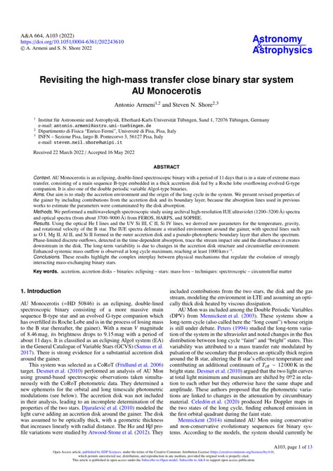 Pdf Revisiting The High Mass Transfer Close Binary Star System Au Monocerotis