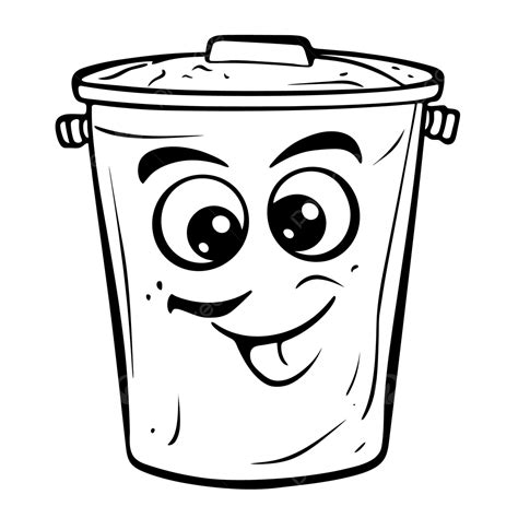 Cartoon Trash Can With Open Eyes And Happy Smile Outline Sketch Drawing