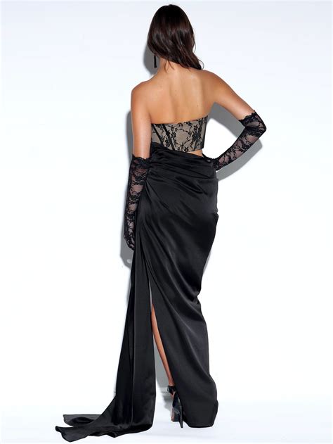 Callie Black Lace Satin Corset High Slit Gown Miss Circle