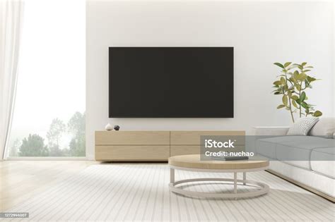 자연 배경에 Tv 화면과 소파와 현대 거실의 3d 렌더링 텔레비전 산업에 대한 스톡 사진 및 기타 이미지 텔레비전 산업