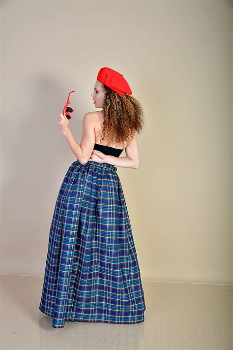 Blue Plaid Skirt Blue Checkered Skirt Cotton Skirt Maxi Etsy Uk