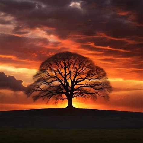 Premium Ai Image A Majestic Tree Stands Tall Against A Fiery Sunset Ai