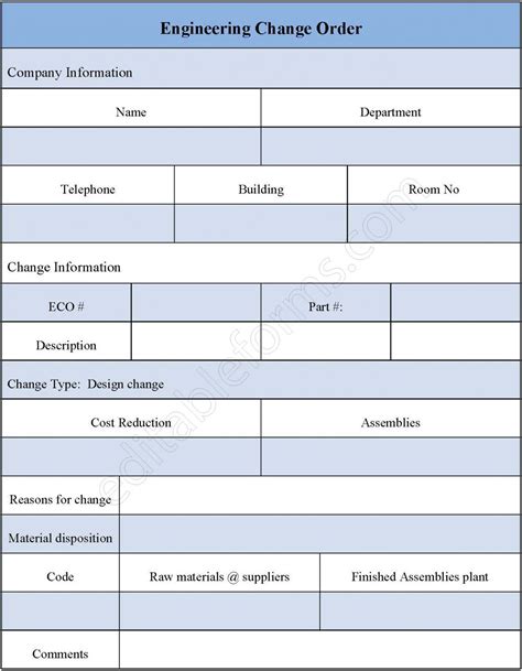 Editable Engineering Change Order Form Template PDF Sample