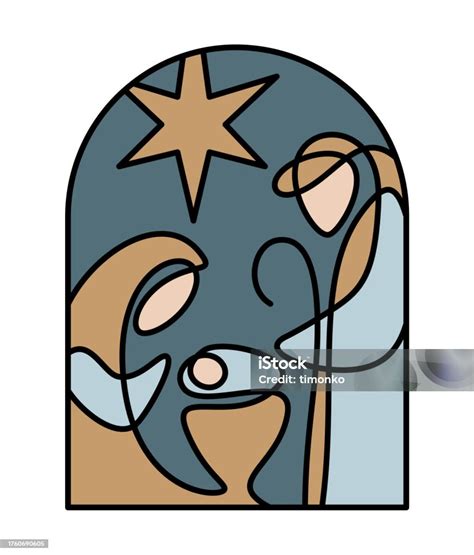 컬러 크리스마스 벡터 기독교 아이콘 아기 예수 마리아와 요셉 별 종교 성탄 장면 로고 그림입니다 낙서 손으로 그린 고립 성탄화에 대한 스톡 벡터 아트 및 기타 이미지