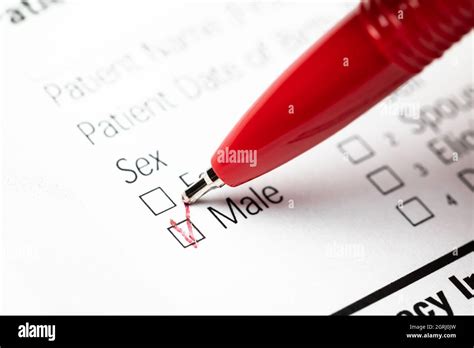 Person Checking The Male Gender Box On A Document Form With Red Ballpen