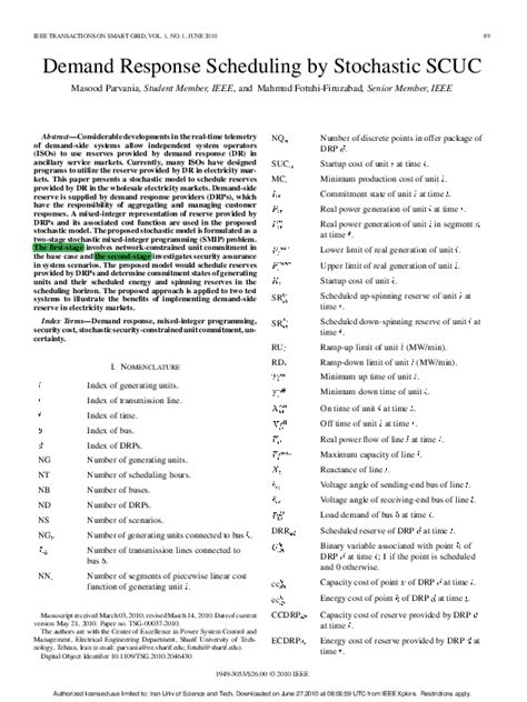 Pdf Demand Response Scheduling By Stochastic Scuc
