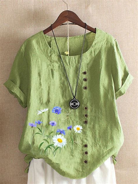 Round Neck Casual Loose Floral Print Short Sleeve Blouse In 2022
